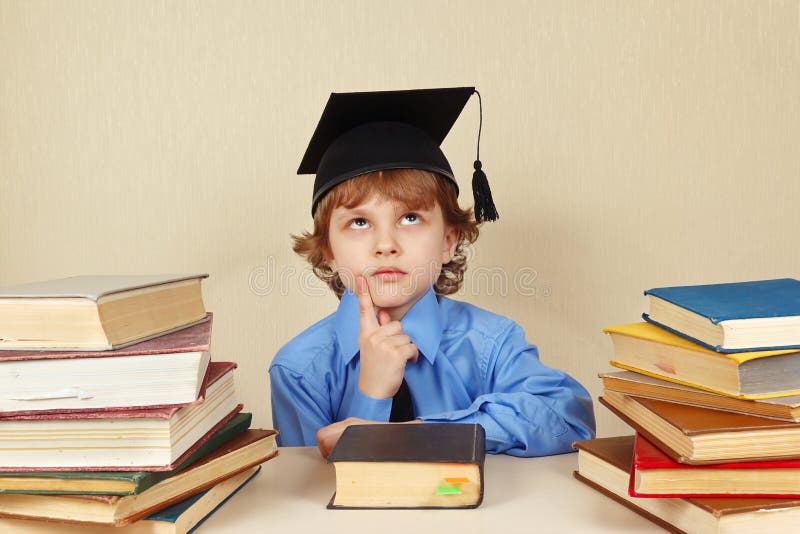 Little Serious Boy in Academic Hat among Old Books Stock Image - Image ...