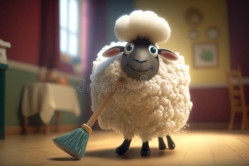 Little Sheep Cleaning Its House with Broom and Cleaning Tools Stock ...