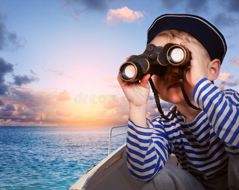 Little Ship Boy with Binocular Stock Image - Image of people, clothing ...