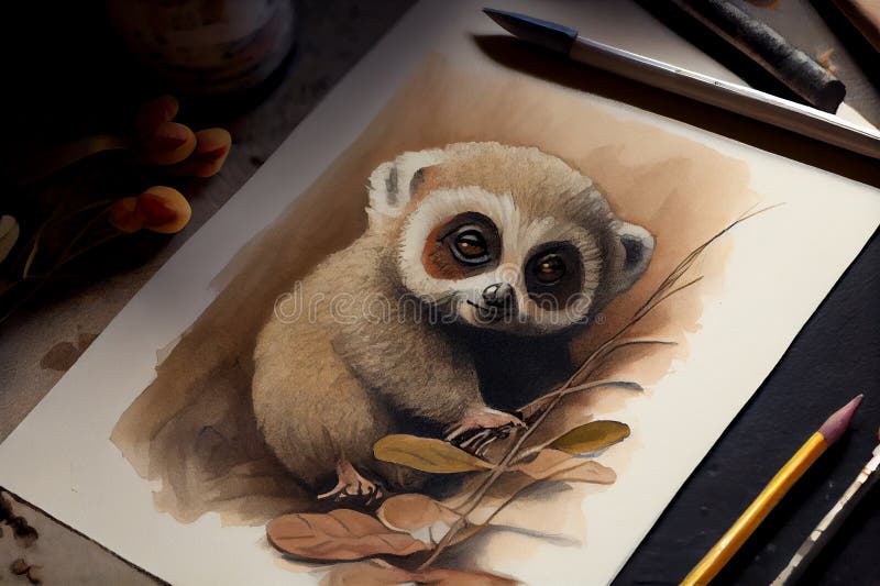 Little Slow Loris Drawing with Bit of Watercolour Stock Illustration ...