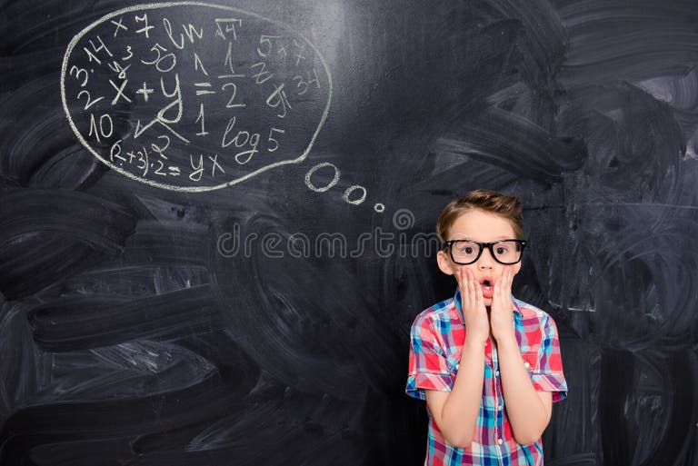 Little Smart Boy Thinking about Solving Hard Equation Stock Photo ...