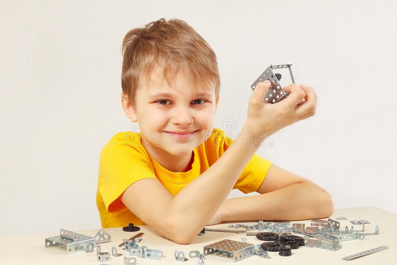 Little Smiling Boy Made Something of Mechanical Constructor Stock Image ...