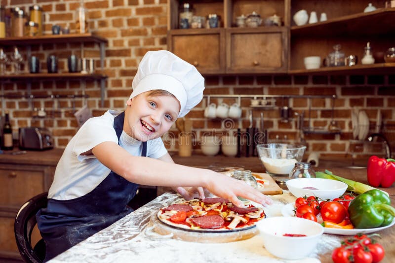 Little Smiling Boy Making Pizza Stock Image - Image of schoolboy, child ...