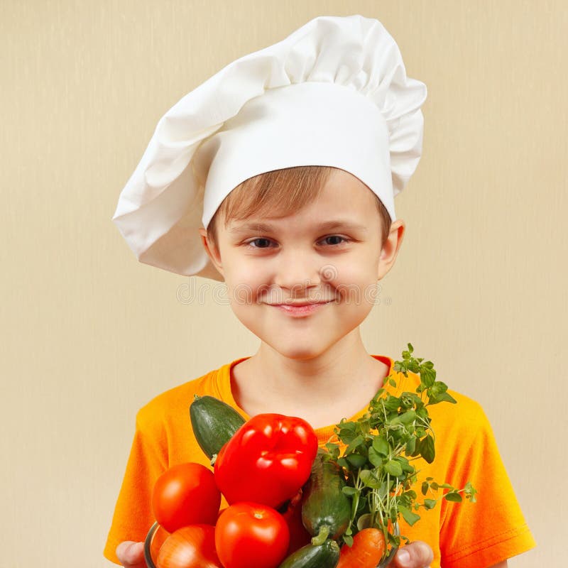 Little Smiling Chef with Fresh Vegetables Stock Photo - Image of herb ...