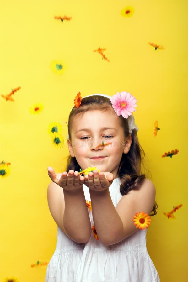Little Smiling Girl with Flowers Stock Photo - Image of expression ...