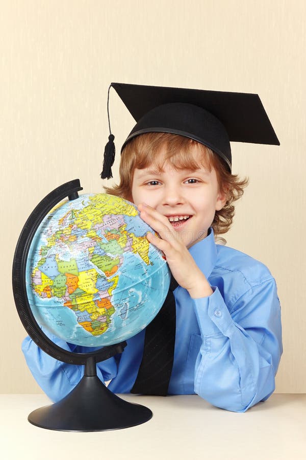 Little Smiling Professor in Academic Hat with Globe Stock Photo - Image ...
