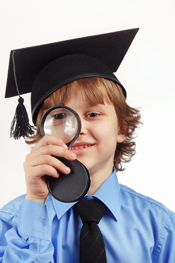Little Smiling Professor Academic Hat Magnifying Glass White Background ...