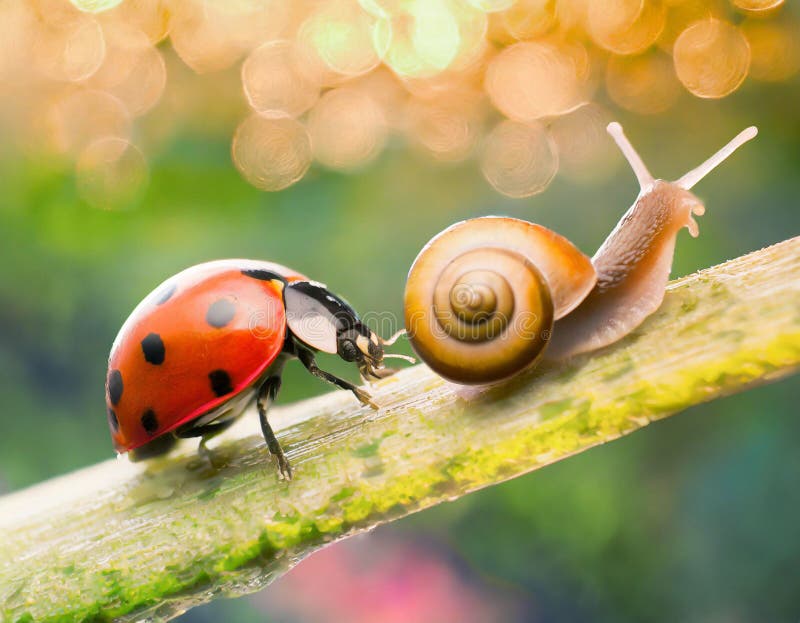 Little Snail and Tiny Ladybug Enjoy Sunlight Together on the Green ...