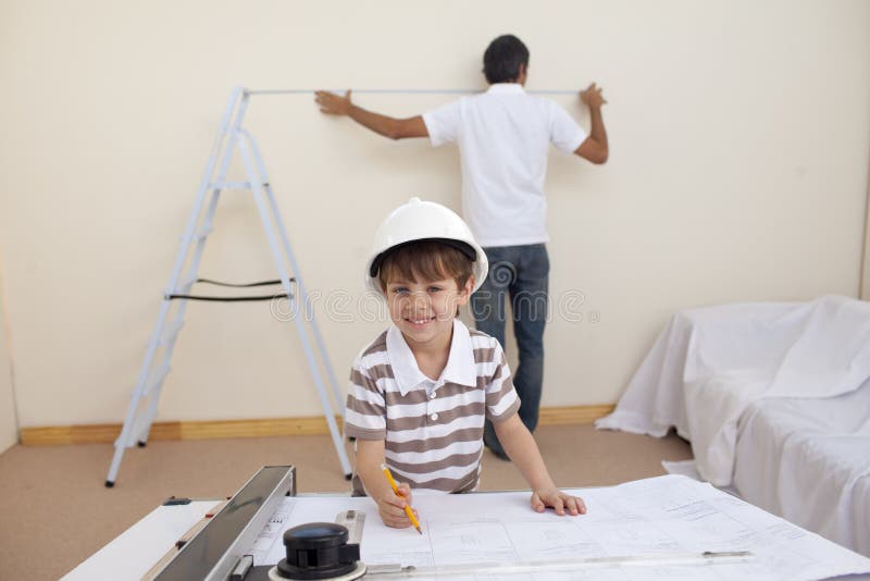 Little Son Drawing Plans and Father Working Stock Photo - Image of cute ...