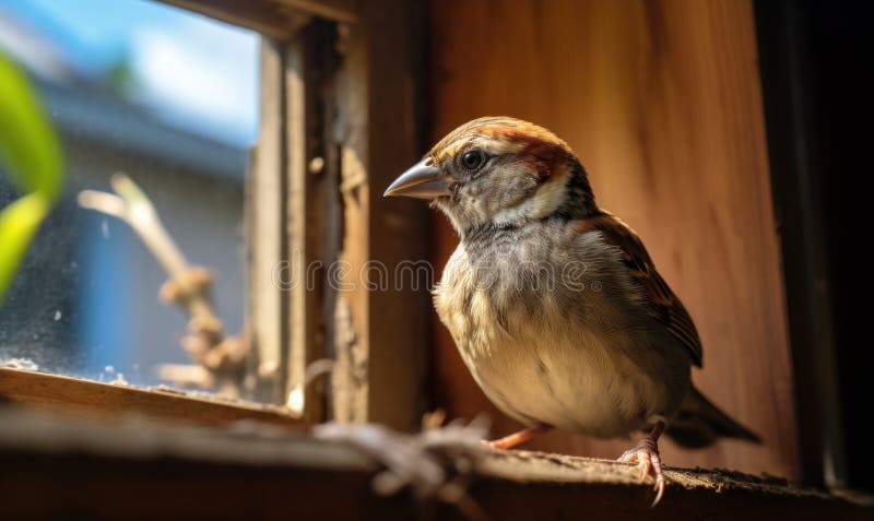 Little Sparrow Sitting on the Window Sill and Looking Out the Window ...