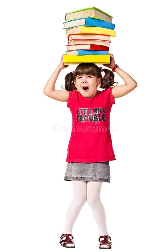 Little with a Stack of Heavy Books on Head Stock Photo - Image of cute ...
