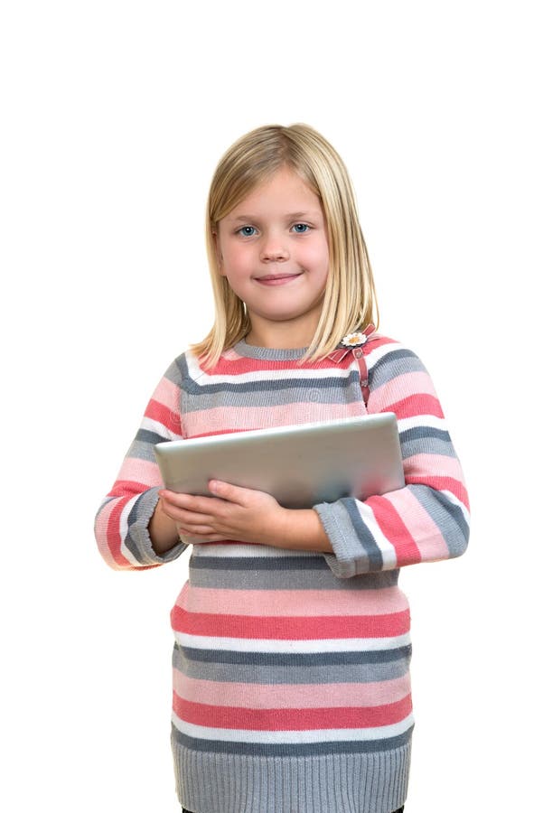 Little Standing Girl with Tablet on White Background Stock Photo ...