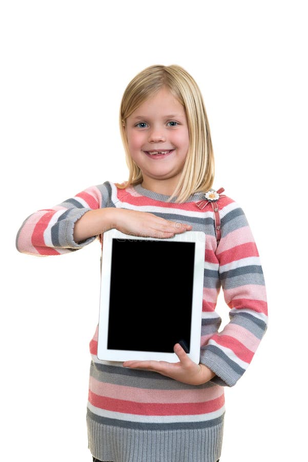 Little Standing Girl with Tablet on White Background Stock Photo ...