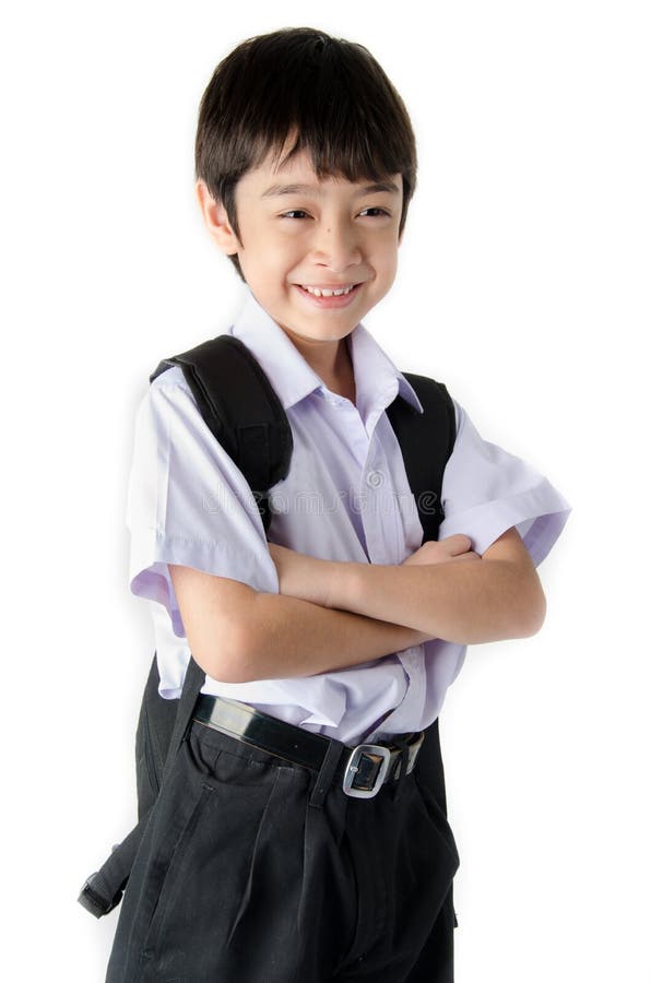 Little Student Boy Face Close Up in Uniform on White Background Stock ...