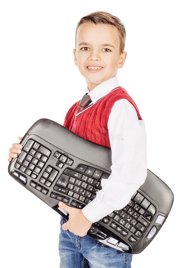 Little Student Boy with Keyboard Isolated on White Studio Background ...