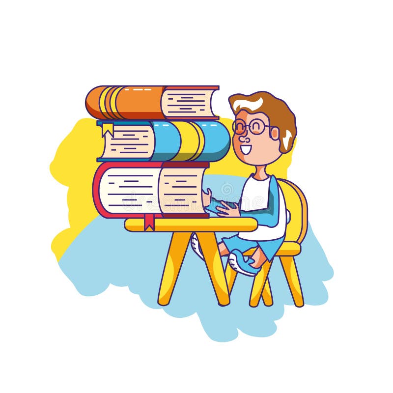Little Student Boy Sitting in School Desk with Stack Books Stock ...