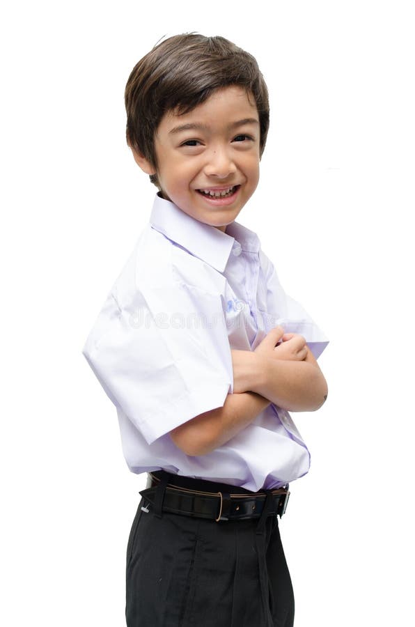 Little Student Boy Face Close Up in Uniform on White Background Stock ...