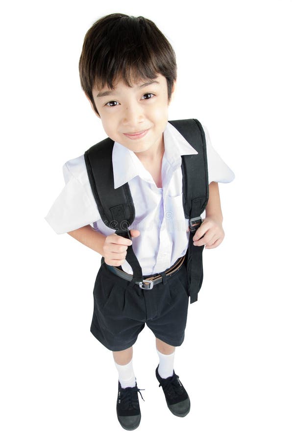 Little Student Boy Face Close Up in Uniform on White Background Stock ...