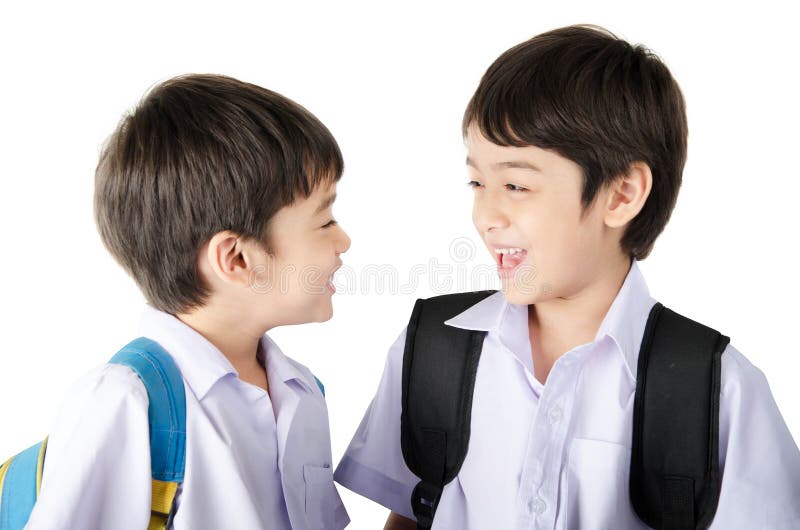 Little Student Boy Face Close Up in Uniform on White Background Stock ...