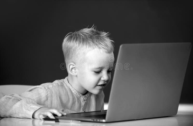 Little Student Boy Using Laptop Computer in School Class. Funny Blonde ...