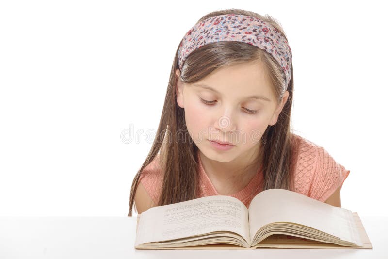 Little Student Girl Studying and Reading Book at School Stock Image ...