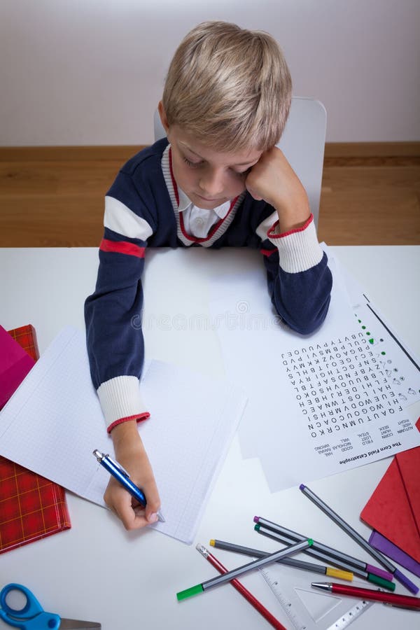 Little Student Writing in Notebook Stock Image - Image of concentration ...