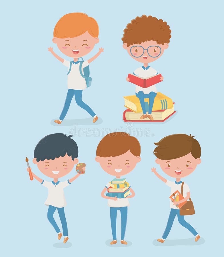 Little Students Group with School Supplies Stock Vector - Illustration ...