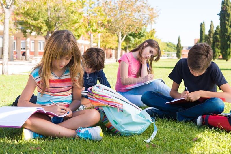 Little Students at School Campus Stock Image - Image of bagpack, happy ...