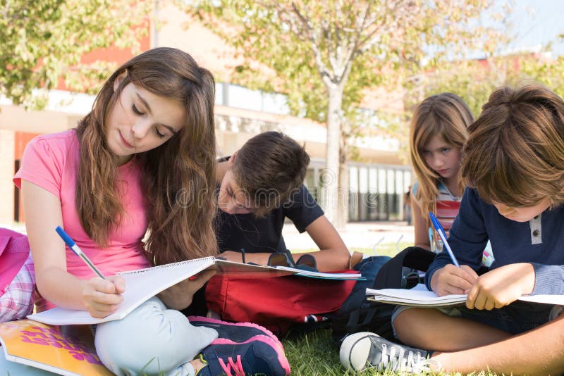 Little Students at School Campus Stock Photo - Image of bags, back ...