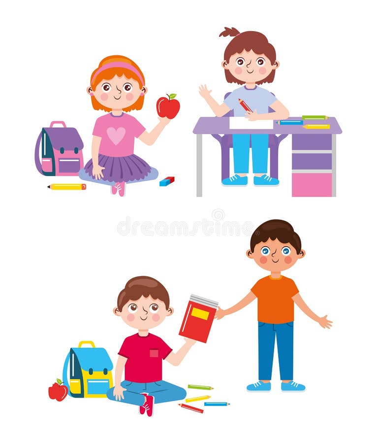 Little Students with Supplies School Stock Vector - Illustration of ...