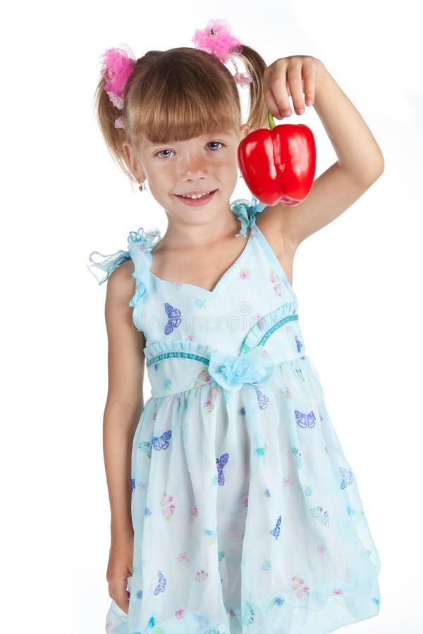 A Little Sweet Girl with a Red Pepper Stock Photo - Image of fairytale ...
