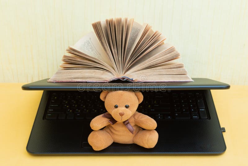 Little Teddy Bear with Books and Laptop, Study Stock Image - Image of ...