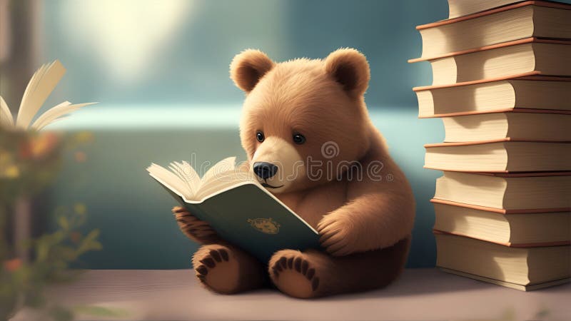 A Little Teddy Bear Reads a Book, a Student Learns Lessons Stock ...