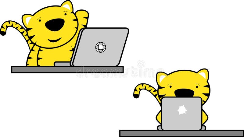 Little Tiger Kid Character Cartoon Computer Set Stock Vector ...