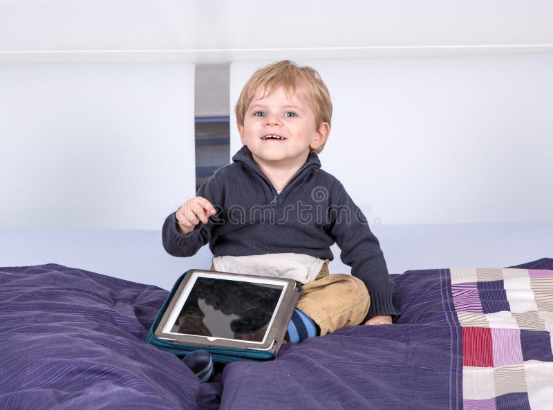 Little Toddler Boy Playing with Tablet Pc Stock Image - Image of ...