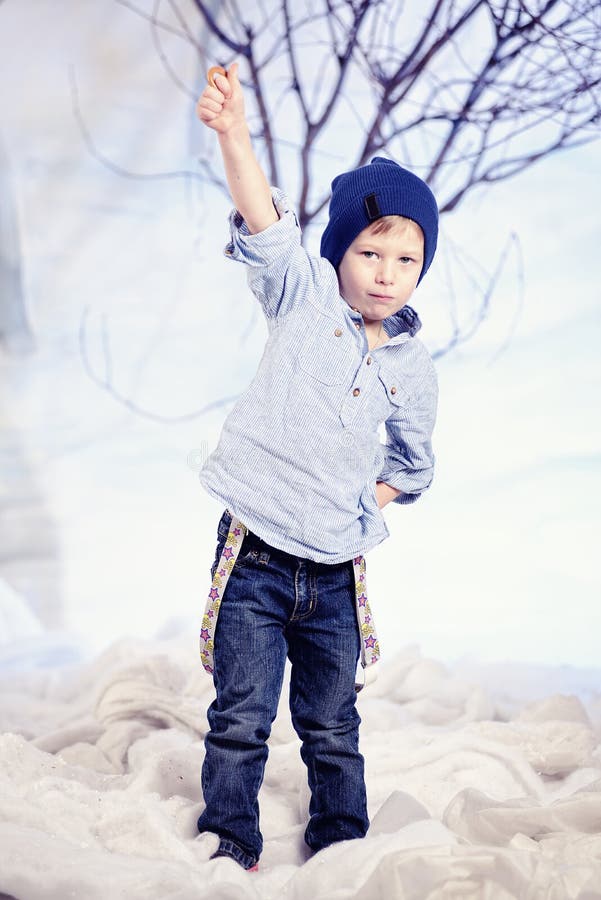 Little Boy and Girl Plays in Studio Snow Forest Background Stock Image ...