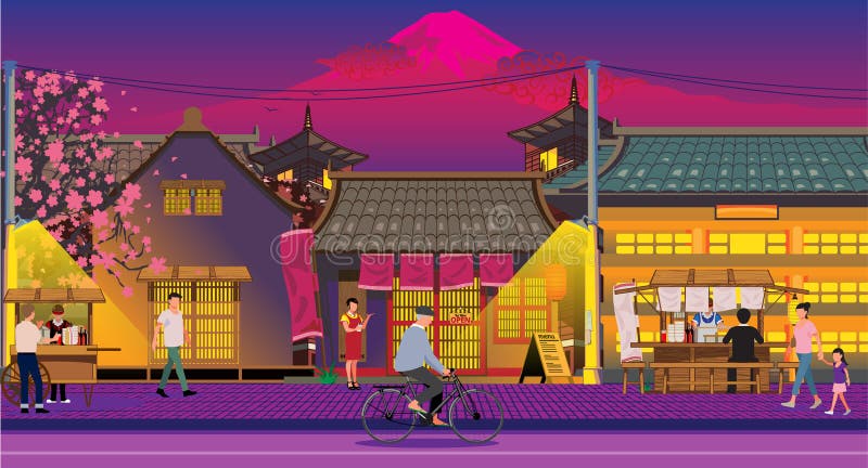 Little Tokyo Concept, a Japanese Town or Village Background at Dusk ...