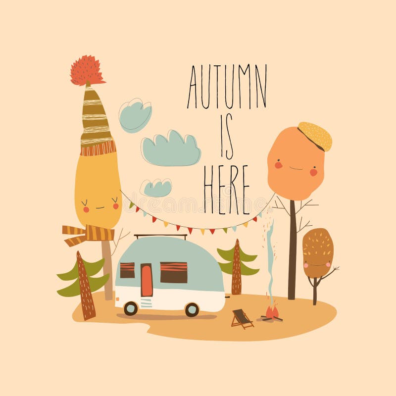 Little Trailer Standing in Autumnal Forest. Hello Autumn Stock Vector ...