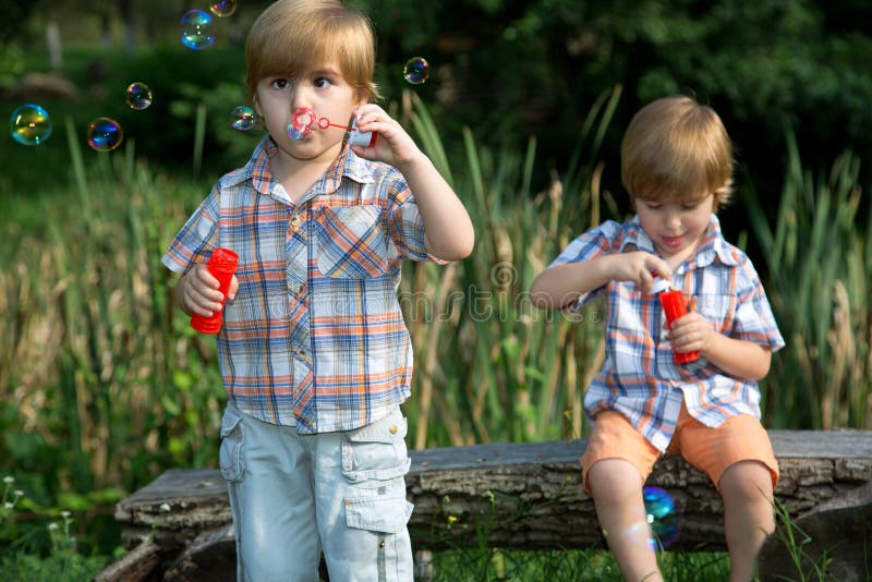 Little Twin Brothers Playing in Summer Park Stock Image - Image of boys ...