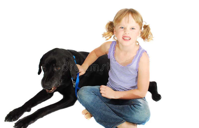 Little Unhappy Girl Training Her Aggressive Dog Stock Photo - Image of ...
