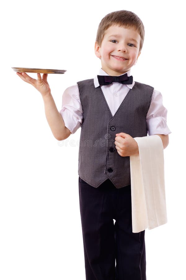 Little Waiter with Tray and Towel Stock Photo - Image of positive ...