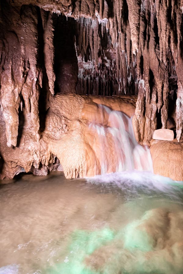 Little Waterfall Inside a Cave Was Spotted with Decor Lighting Stock ...