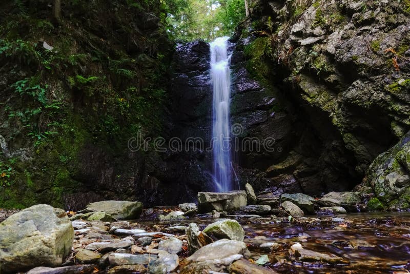 Little Waterfall Over a Rockface in a Dark Forest while Hiking Stock ...