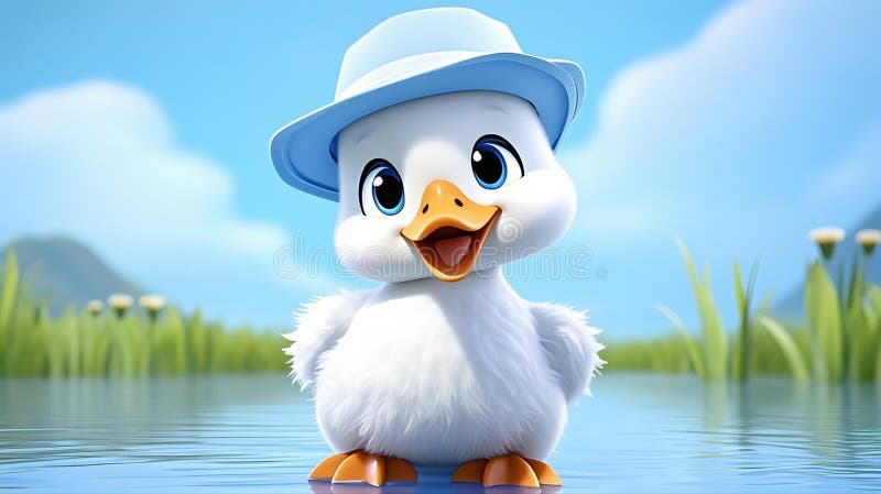 A Little White Duck with a Blue Hat Standing by the Water and Smiling ...