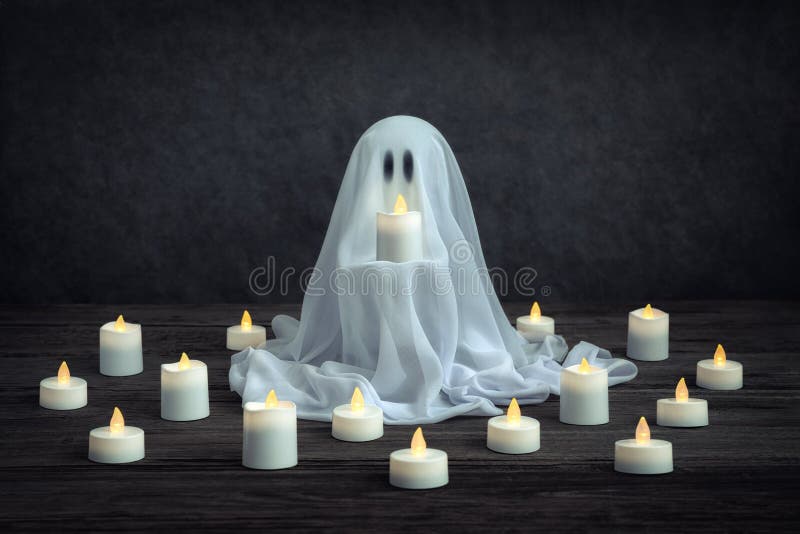 Little White Ghost with Burning Candles. Stock Photo - Image of anbsp ...