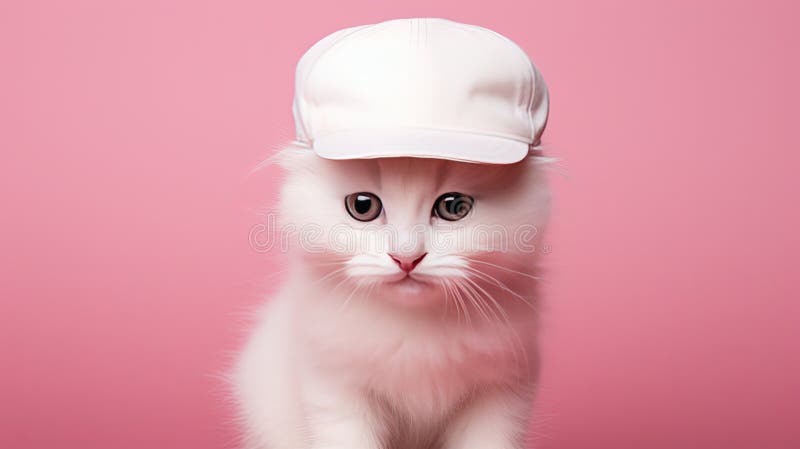 A Little White Kitty in an Original White Cap on a Pink Background ...