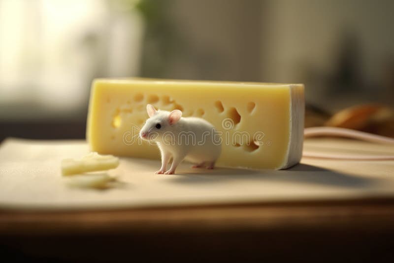 A Little White Mouse Takes Advantage of a Large Piece of Cheese in the ...