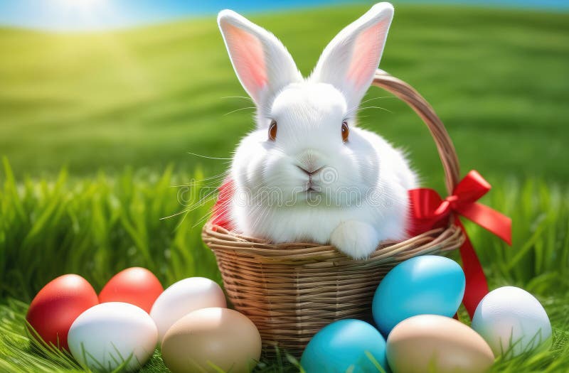 Little White Rabbit and Colored Eggs in a Basket on Spring Green Grass ...