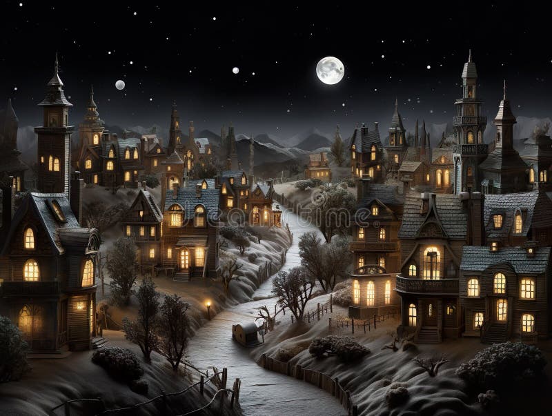 Little Winter Christmas Town with a Full Moon Stock Photo - Image of ...