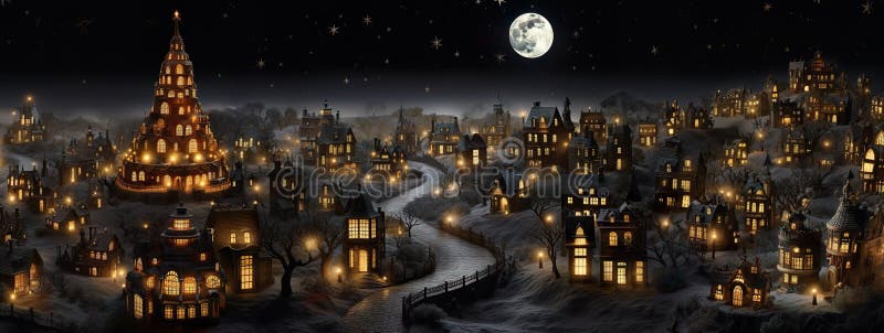 Little Winter Christmas Town with a Full Moon Stock Photo - Image of ...